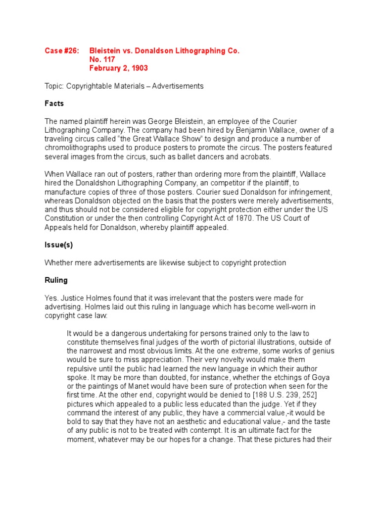Case No.27 - Bleistein vs. Donaldson Lithographing Co. | PDF ...