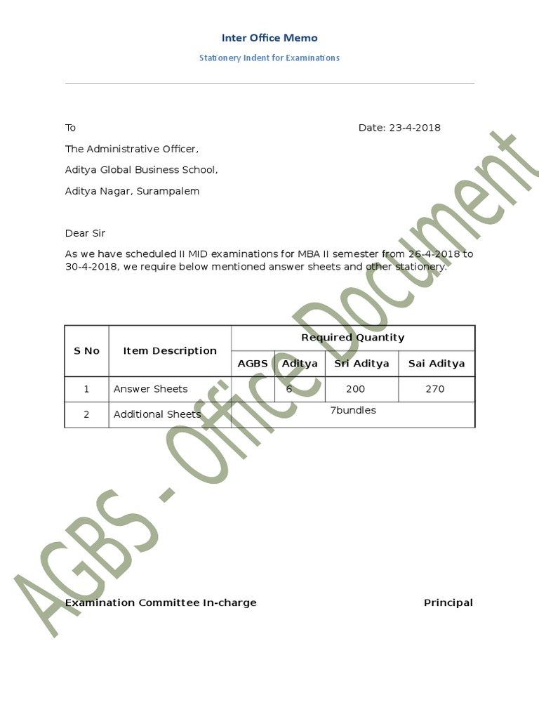 Inter Office Memo: Stationery Indent For Examinations | PDF
