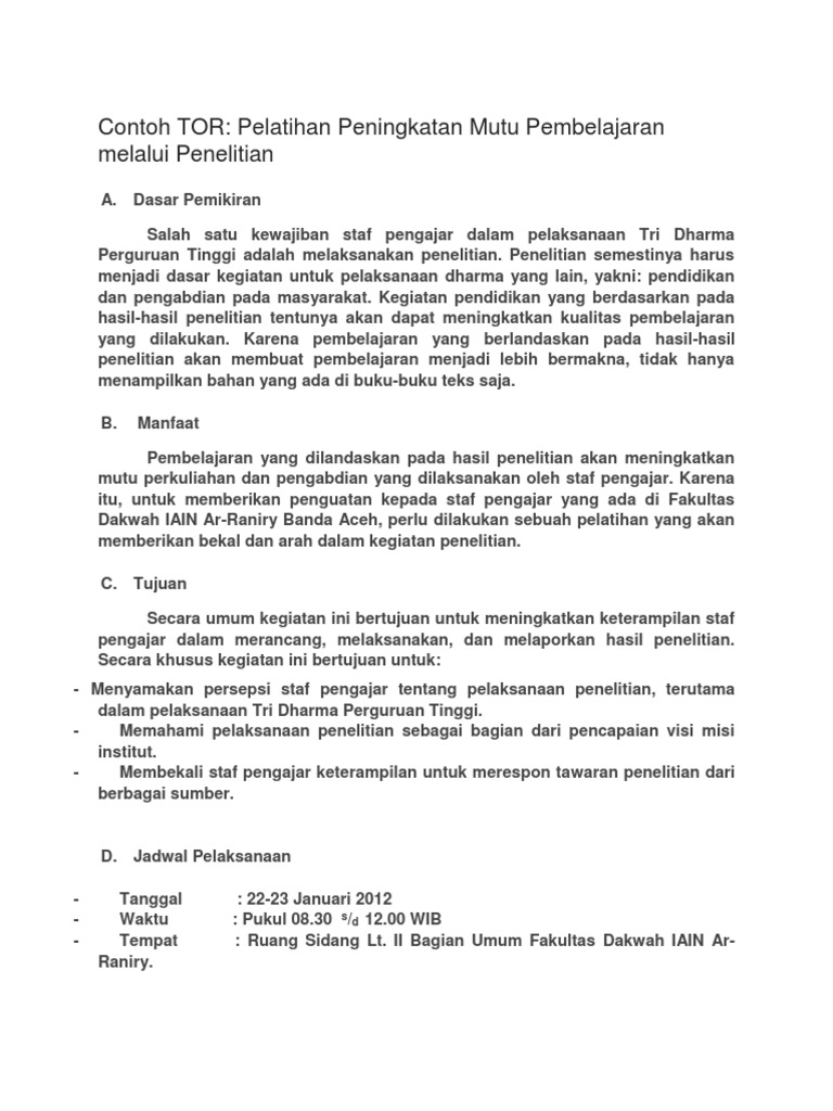 Contoh Tor Pelatihan | PDF