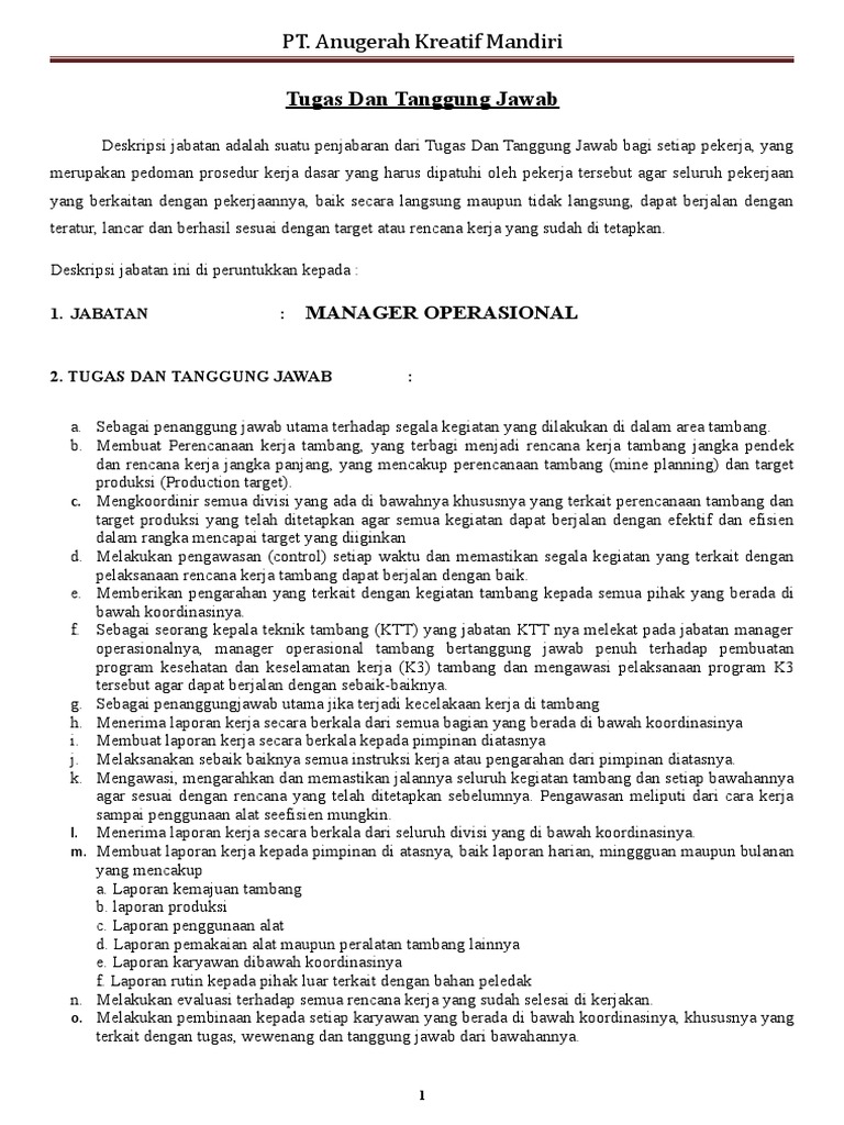 Job Description Manager Operasional Akm | PDF