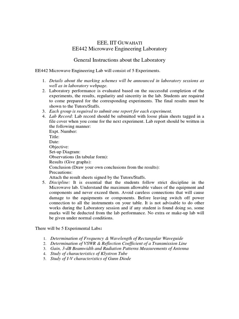 Eee, IIT G EE442 Microwave Engineering Laboratory General Instructions ...