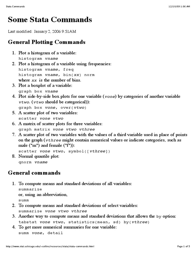 Stata Commands PDF | PDF | Errors And Residuals | Student's T Test