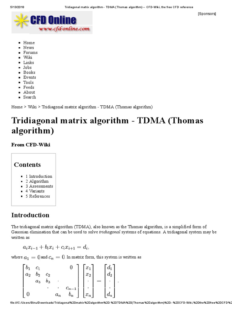 Tridiagonal Matrix Algorithm - TDMA (Thomas Algorithm) - CFD-Wiki, The ...