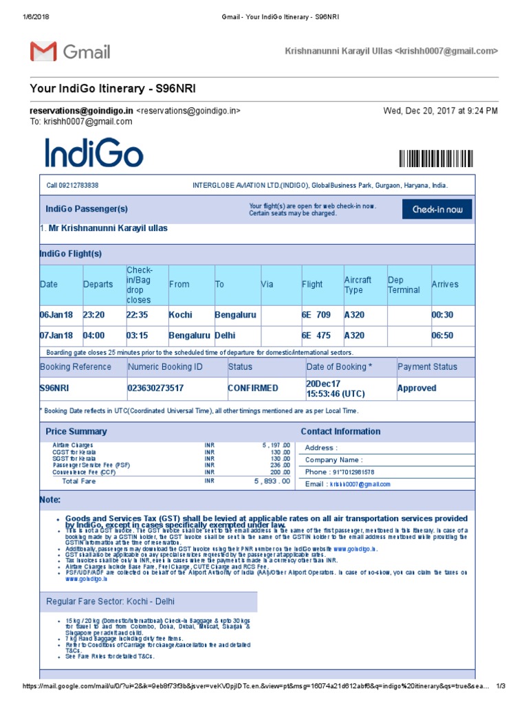 IndiGo Flight Itinerary and Invoice Details | PDF | International ...
