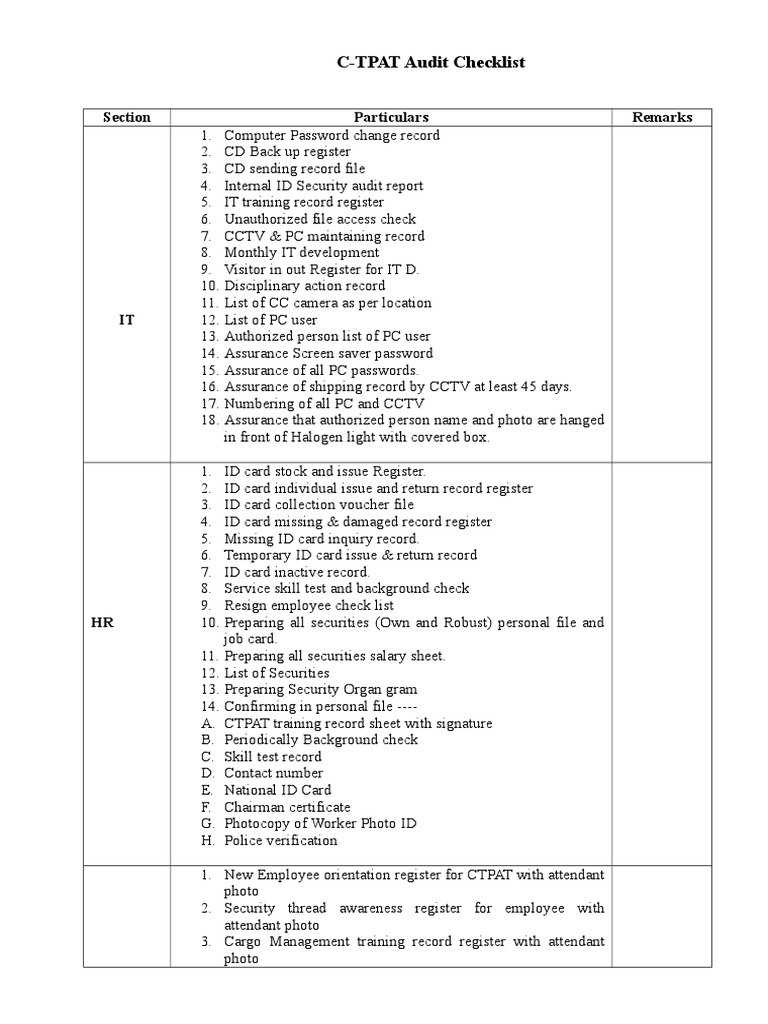 Ctpat Work Check List | PDF | Penjaga Keamanan | Dokumen Identitas