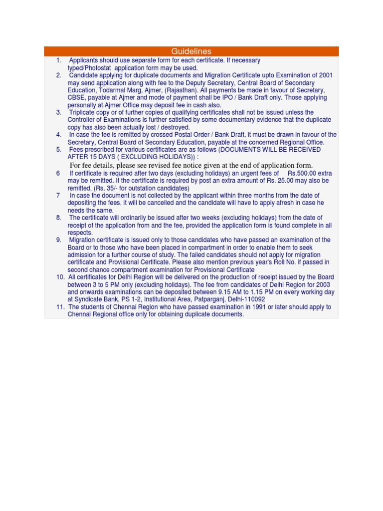 Guidelines: For Fee Details, Please See Revised Fee Notice Given at The ...