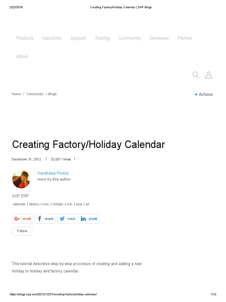 Creating Factory - Holiday Calendar - SAP Blogs | PDF | Calendar ...