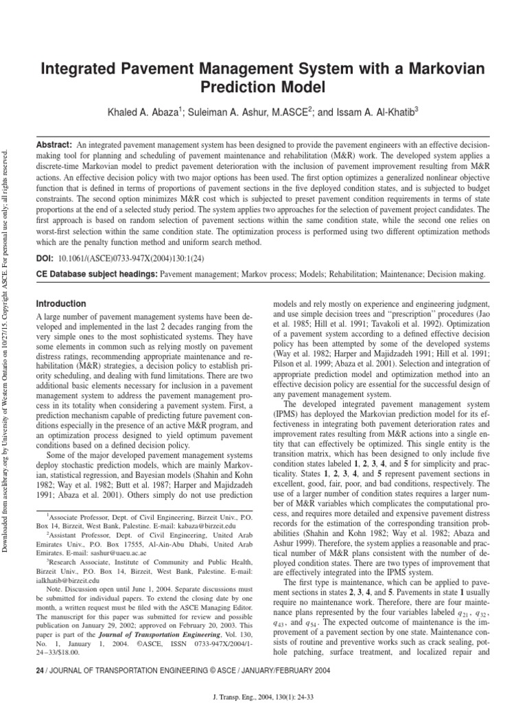 Integrated Pavement Management System With A Markovian Prediction Model ...