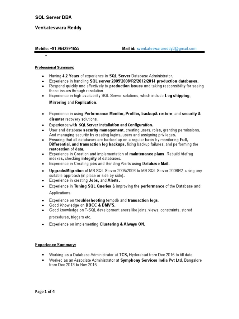 VenkateswaraReddy Sqldba 4.2 Yrs | PDF | Microsoft Sql Server | Databases VenkateswaraReddy Sqldba 4.2 Yrs | PDF | Microsoft Sql Server | Databases