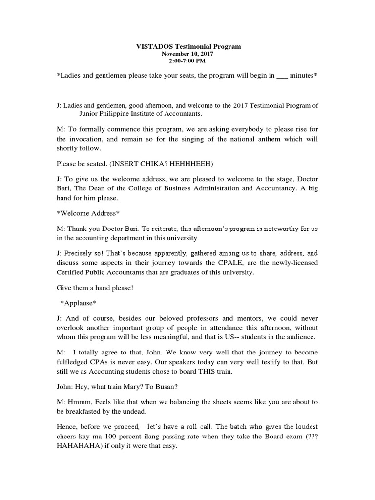 2017 CPA Testimonial Program Script | PDF | Career & Growth