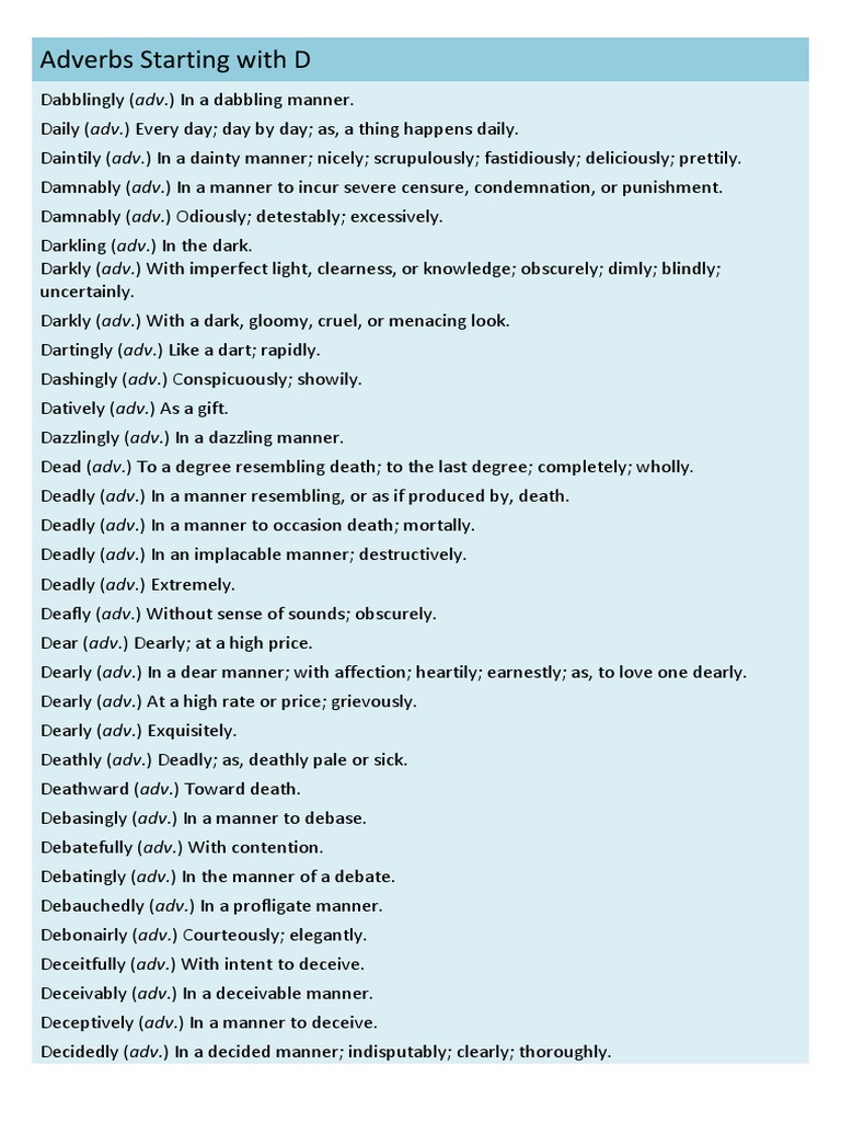 Adverbs from A to D: An Extensive List with Definitions | PDF | Adverb