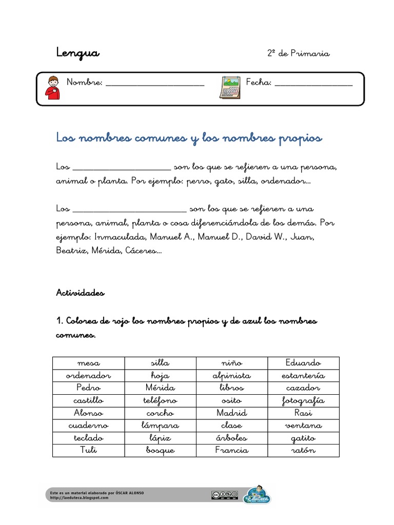 Nombres Propios y Nombres Comunes Ficha | PDF | Sustantivo