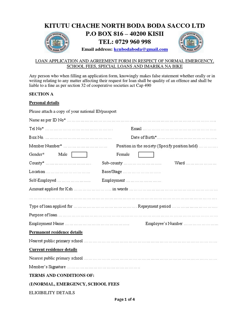 Loan Form Kitutu Chache North Boda Boda Sacco LTD | PDF | Loans ...