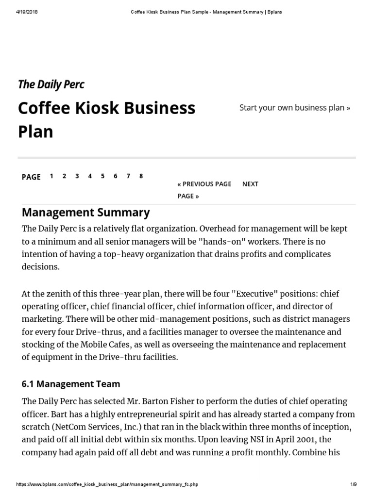 Coffee Kiosk Business Plan Sample - Management Summary - Bplans | PDF ...