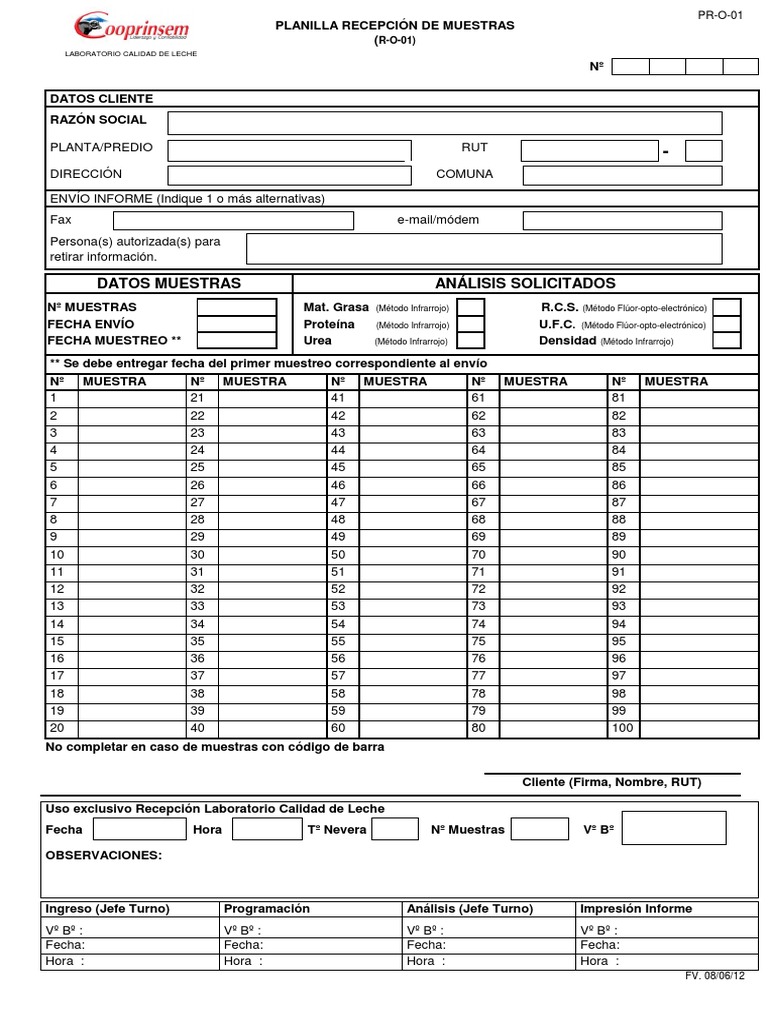 R-O-01 Planilla Recepcion de Muestras | Unidad de formación de Colonia ...