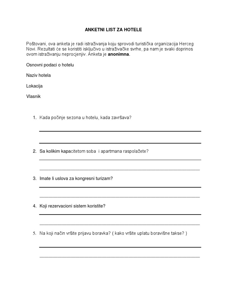 Anketni List Za Hotele | PDF