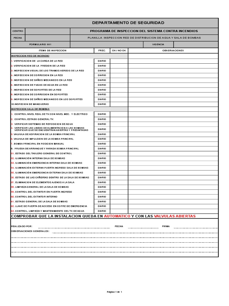 Planilla Inspección Sistema Contra Incendio