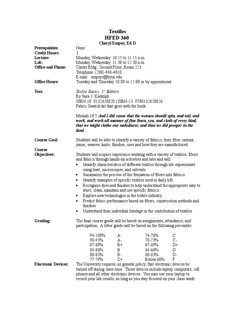 Fcs 360 Syllabus | PDF | Weaving | Yarn