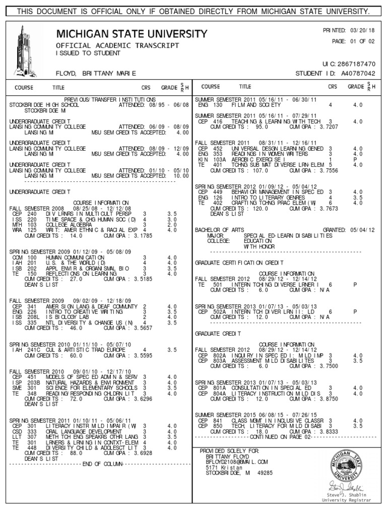 Officialtranscript | PDF | Course Credit | Academia