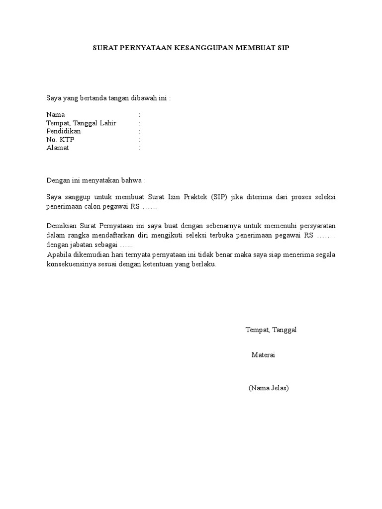 Surat Pernyataan Sanggup Membuat SIP | PDF