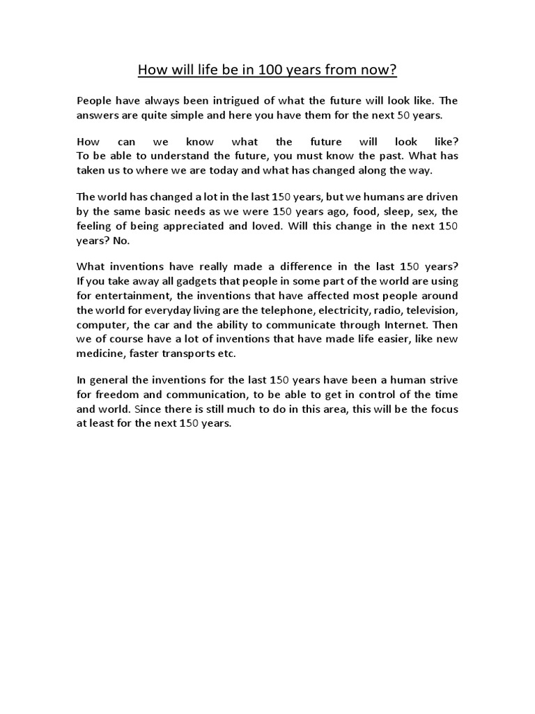 How Will Life Be in 100 Years From Now | PDF | Bat | Volunteering