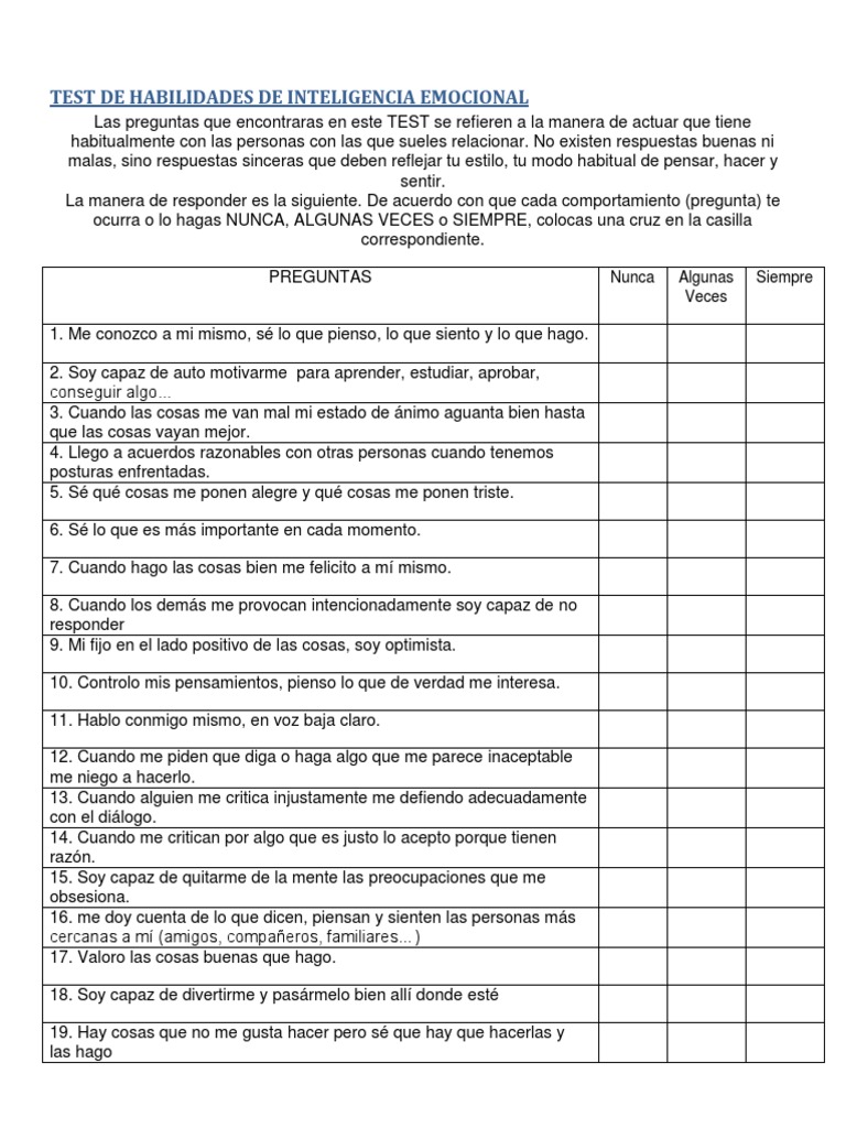 Test de Habilidades de Inteligencia Emocional (1) | Inteligencia ...