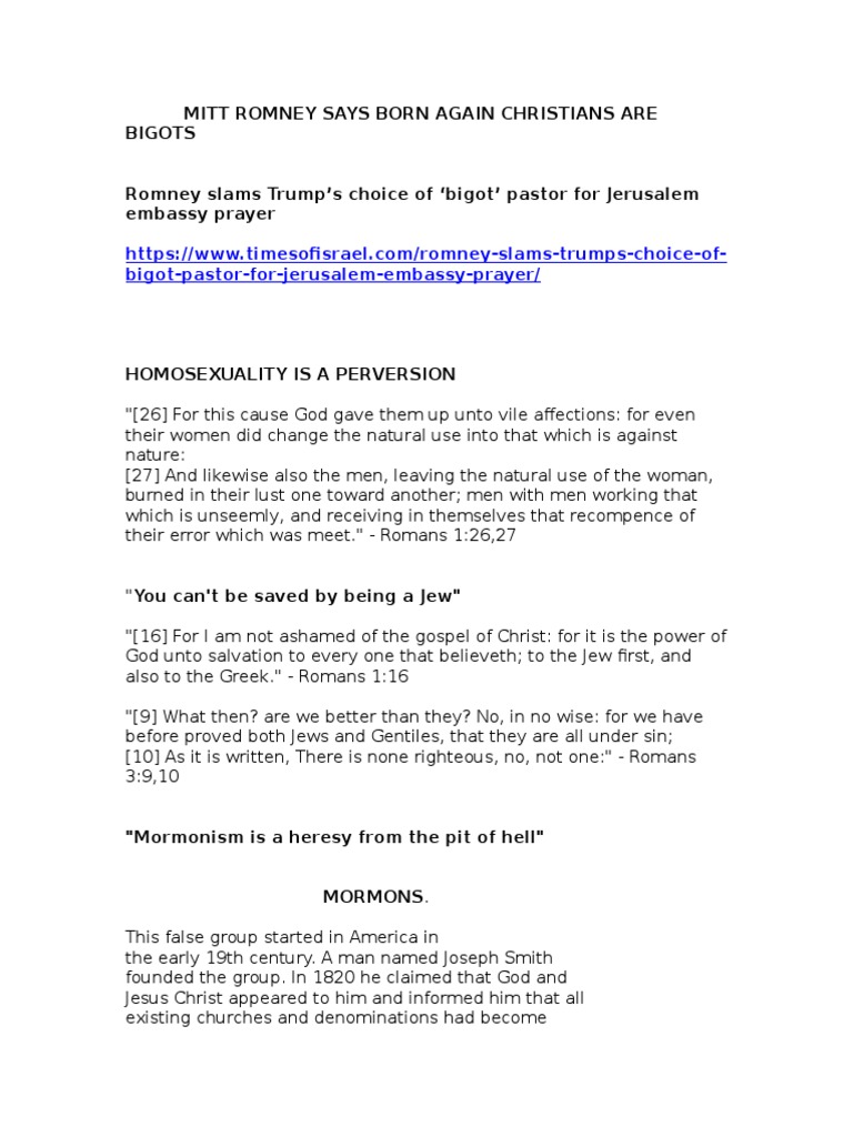 Mitt Romney Says Born Again Christians Are BIGOTS (Mormons Are Not ...