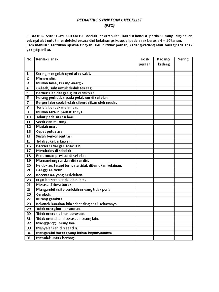 Pediatric Symptom Checklist 1 | PDF | Self-Improvement