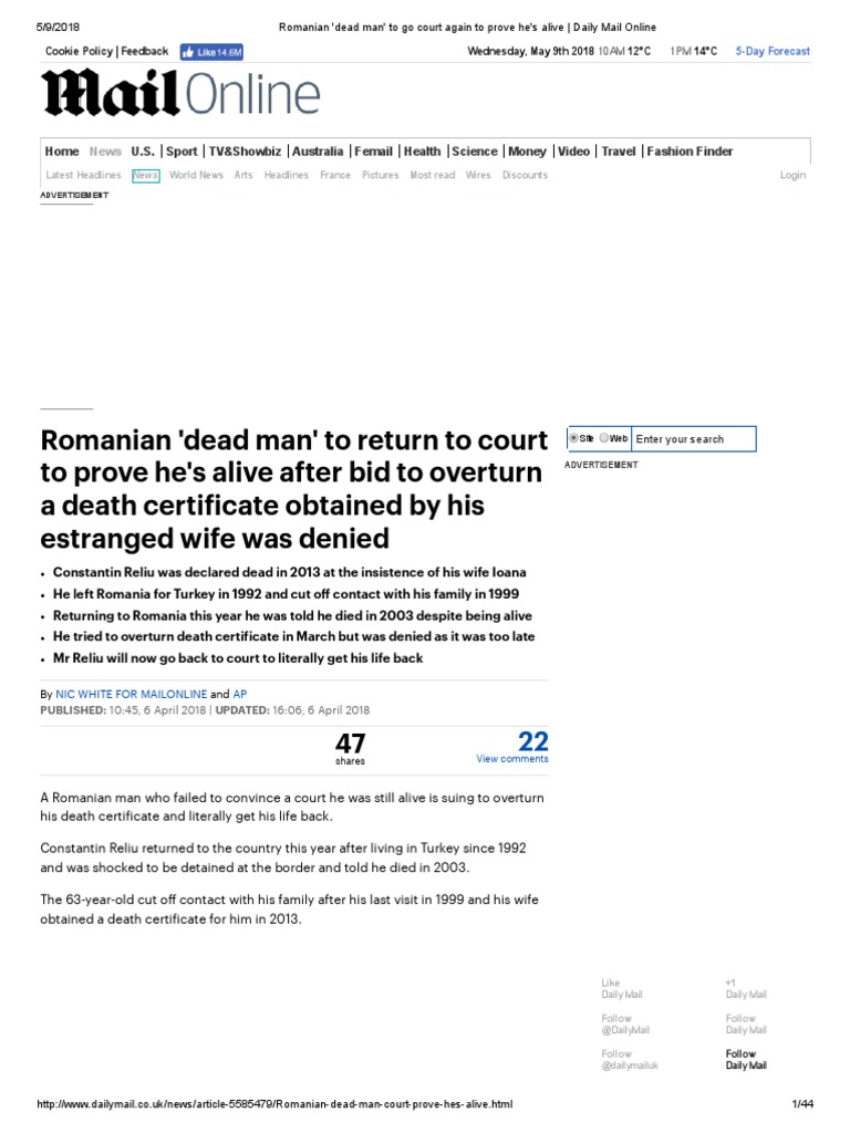 Romanian 'Dead Man' To Return To Court To Prove He's Alive After Bid To ...