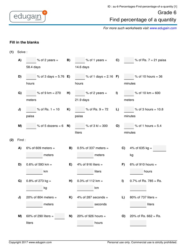 Grade 6 Find Percentage of A Quantity: Fill in The Blanks | Download ...