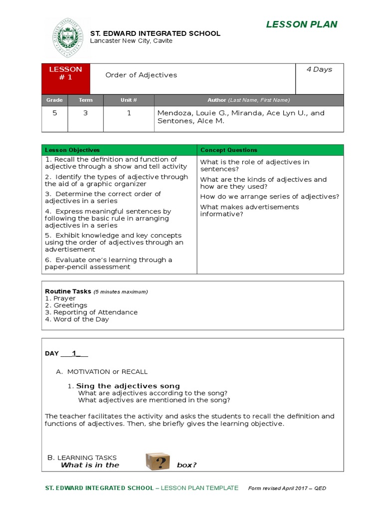 Series of Adjectives | PDF | Lesson Plan | Adjective