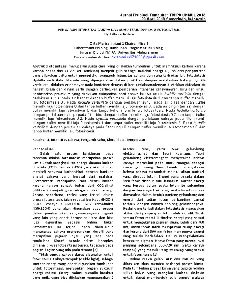 Laju Fotosintesis - Okta Marisa Fitriani - Kelompok 4A | PDF | Griya ...