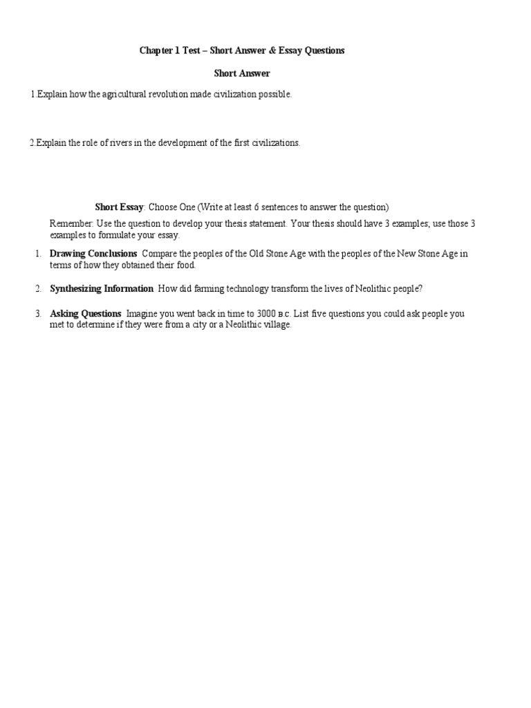 Chapter 1 Test - Short Answer & Essay Questions Short Answer | PDF