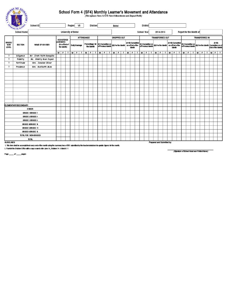 School Form 4 (SF4) Monthly Learner's Movement and Attendance | PDF ...