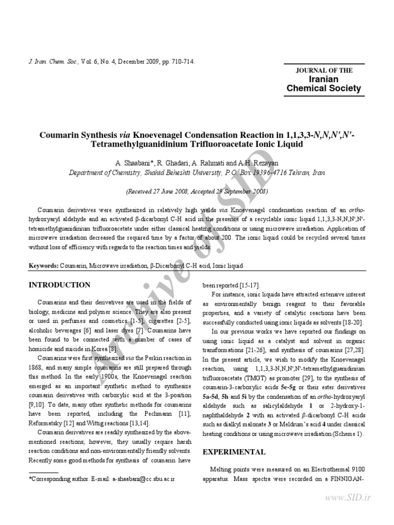 Archive of SID: Iranian Chemical Society | PDF | Catalysis | Ester