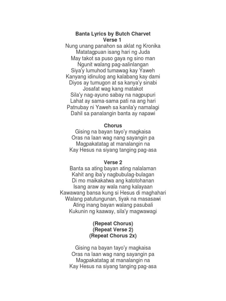Banta Lyrics by Butch Charvet | PDF | Art | Poetry