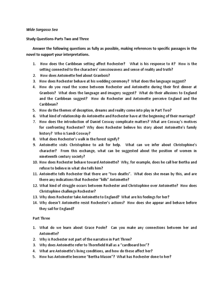 Wide Sargasso Sea Study Questions Parts Two and Three | PDF | Novels