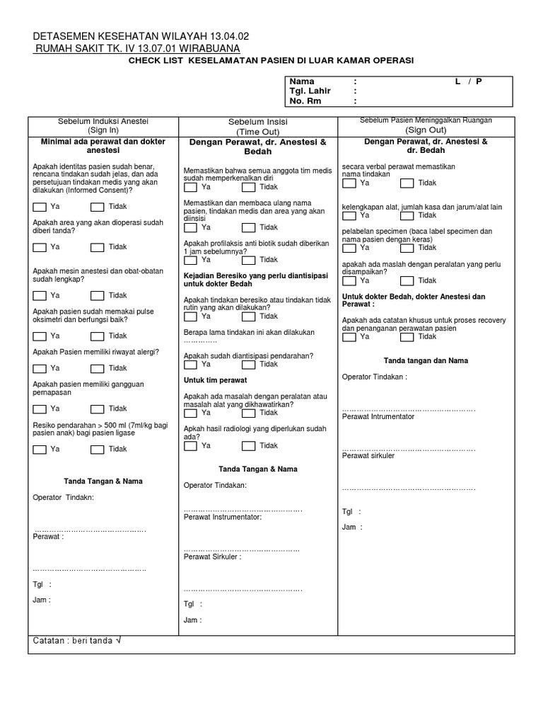 Check List Keselamatan Pasien Di Luar Kamar Operasi | PDF