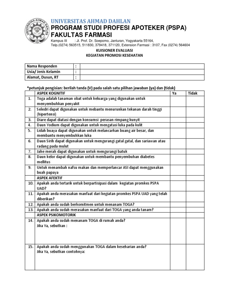 Kuisioner Evaluasi Promkes | PDF