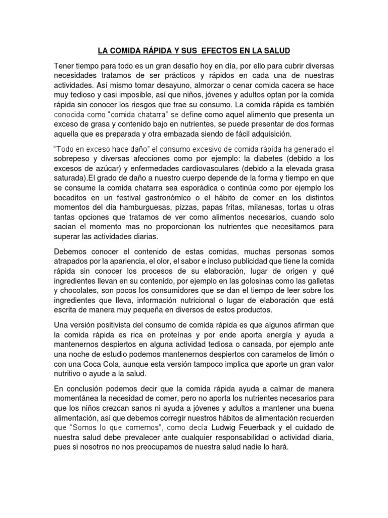 La Comida Rápida y Sus Efectos en La Salud | PDF | Comida chatarra ...