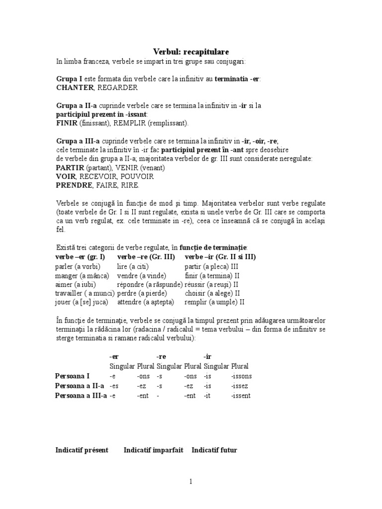 Verbul Franceza - Recapitulare | PDF