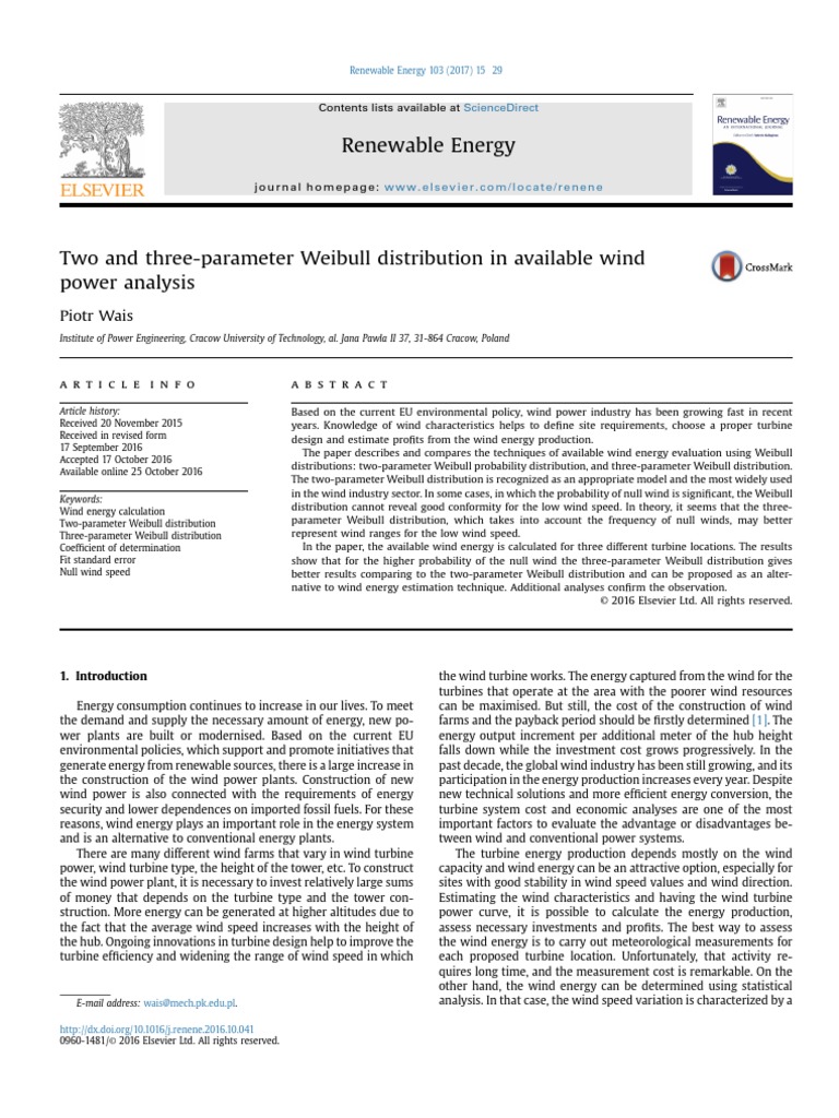 Two and Three-Parameter Weibull Distribution in Available Wind Power Analysis | PDF | Wind Power ...