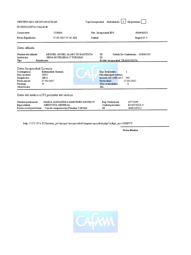 CERTIFICADO de INCAPACIDAD Tipo Incapacidad Ambulatoria Hospitalaria | PDF