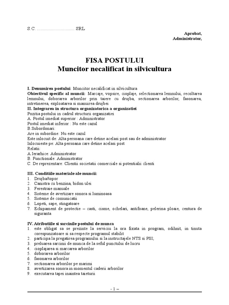 FISA POSTULUI Muncitor Necalificat in Silvicultura | PDF