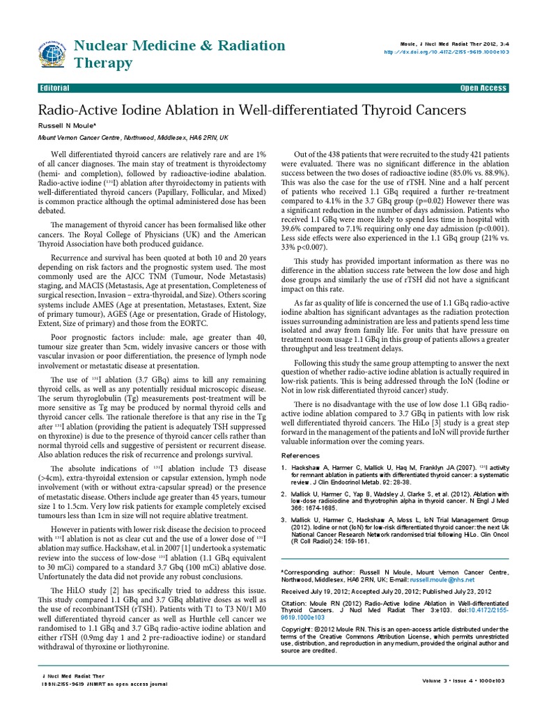 Radio Active Iodine Ablation in Well Differentiated Thyroid Cancers ...