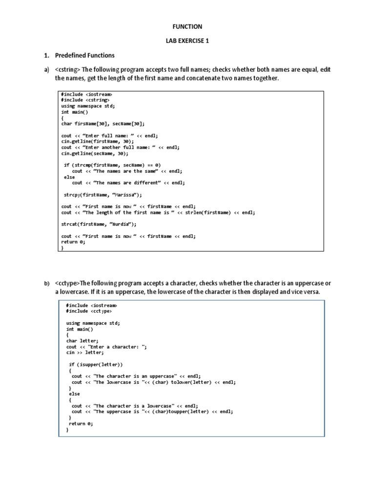 Function Lab Exercise 1 1. Predefined Functions | PDF | Parameter (Computer Programming ...