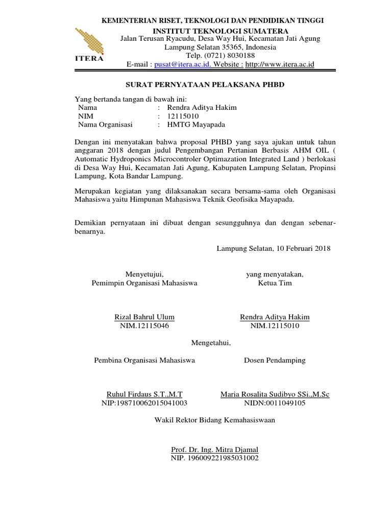 Surat Pernyataan Pelaksana PHBD ITERA | PDF