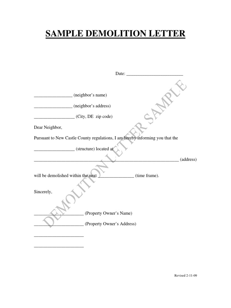 Sample Demolition Letter: Revised 2-11-09 | PDF