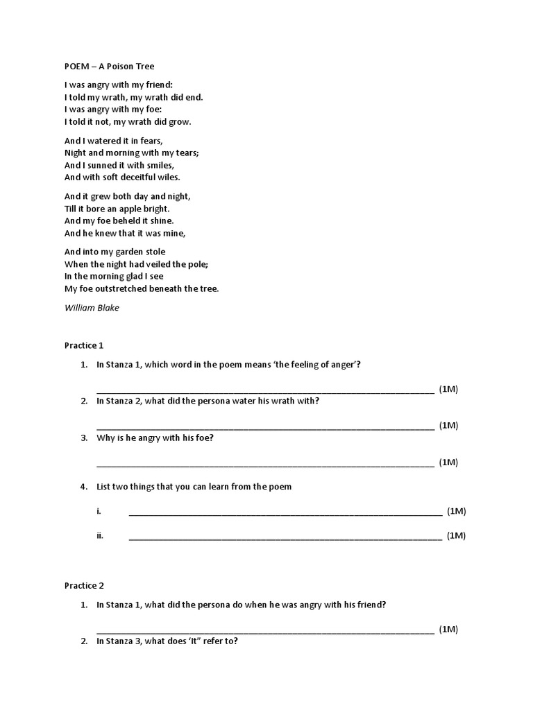 POEM Questions A Poison Tree Q | PDF | Anger