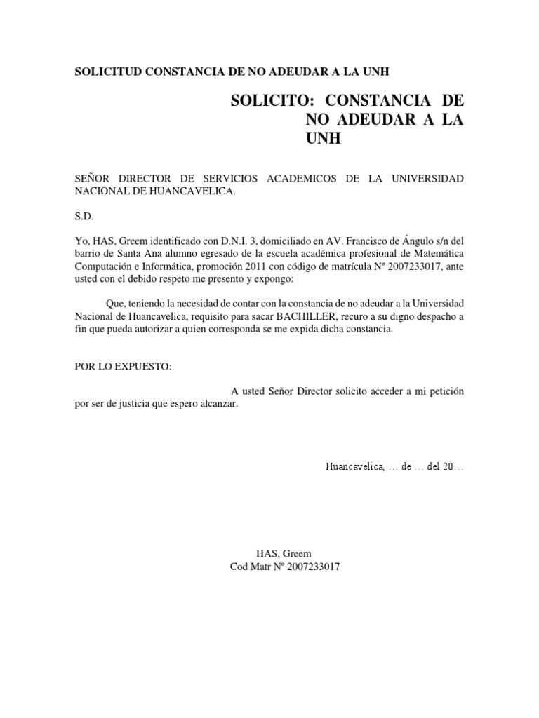 Solicitud Constancia de No Adeudar A La Unh | PDF